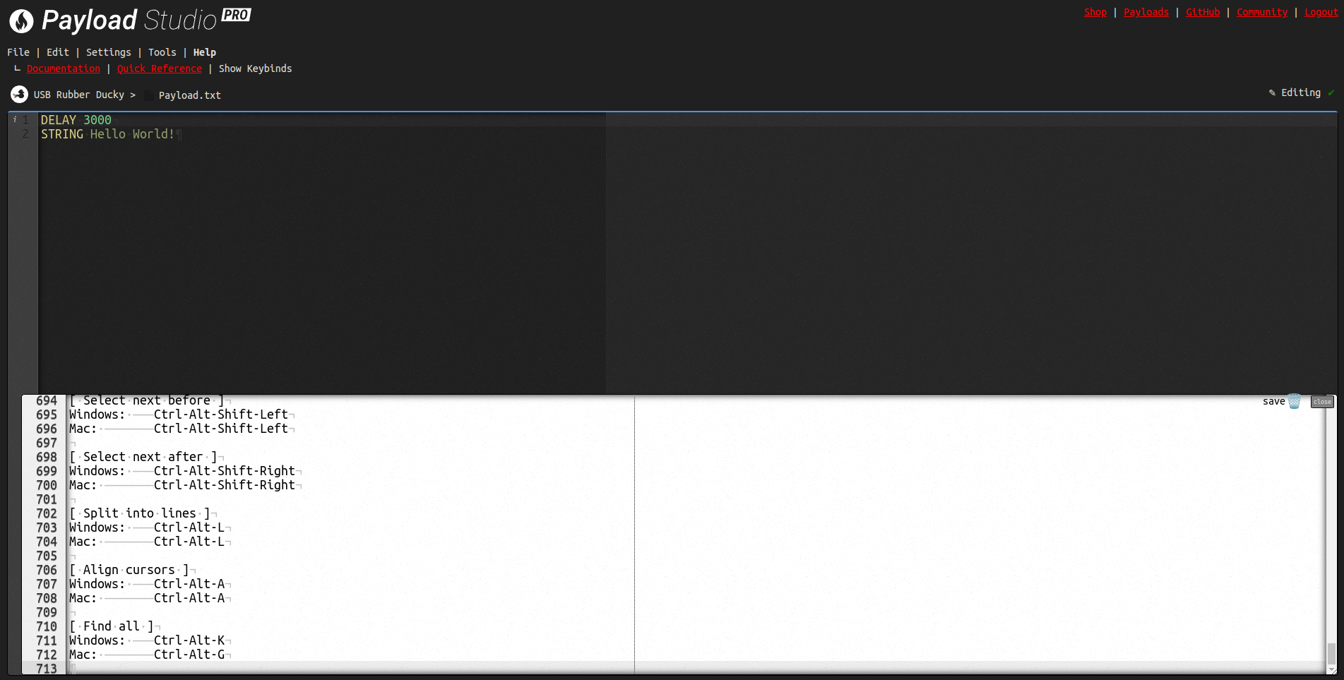 Keyboard Shortcuts | Hak5 - Payload Studio